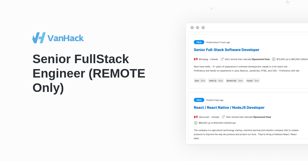 Senior Fullstack Engineer Remote Only Vanhack